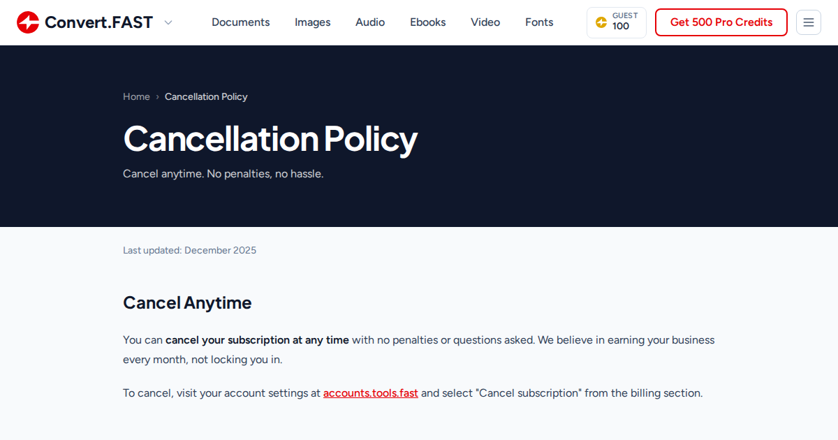 Cancellation Policy - Convert.FAST Subscriptions