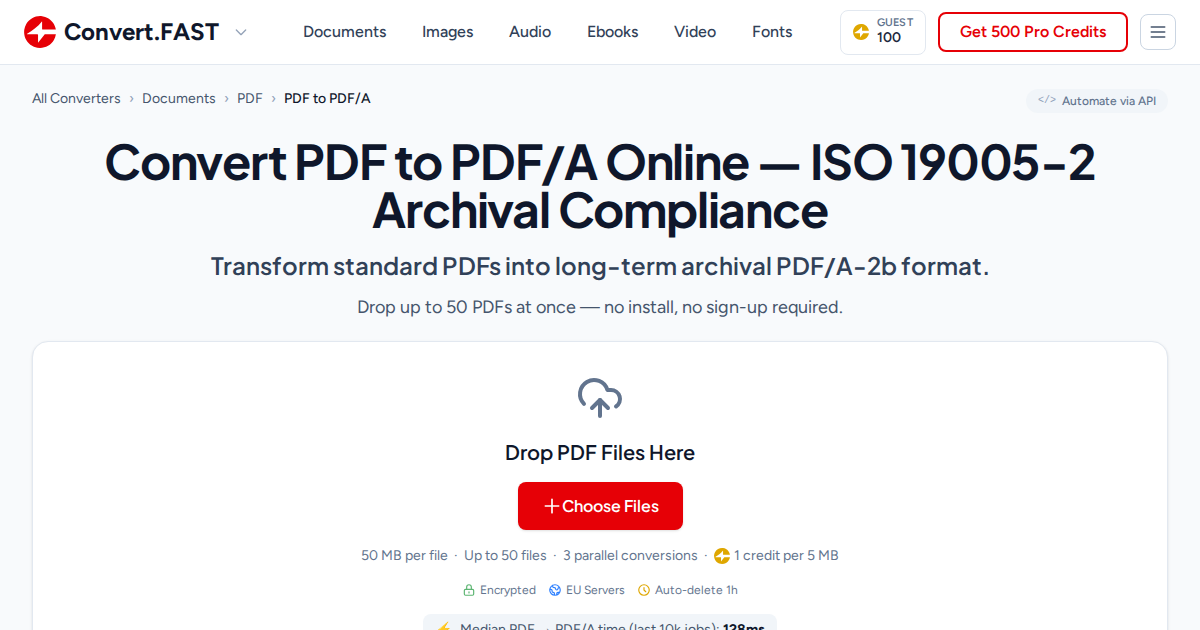 Convert PDF to PDF/A Instantly - Batch 50 Files Free