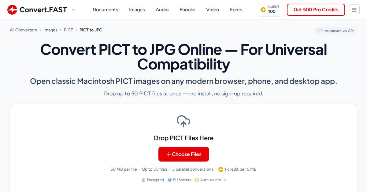 Convert PICT to JPG Instantly - Batch 50 Files Free